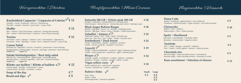 Menukaarten – Restaurant Rubens